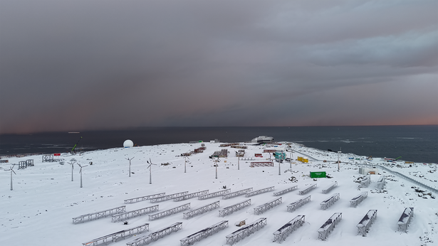 Aerial view of Antarctic lab showing solar panels